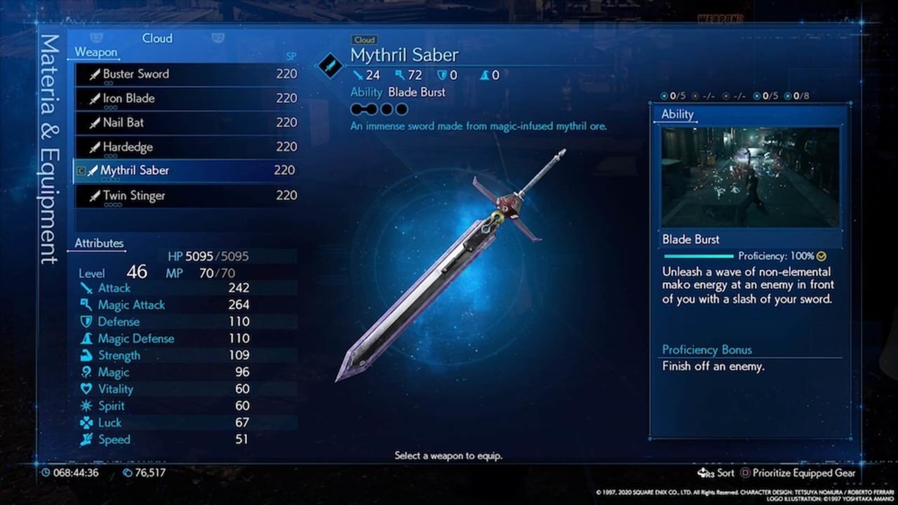 Final Fantasy 7 Remake Intergrade - Mythril Saber Stats and Location ...